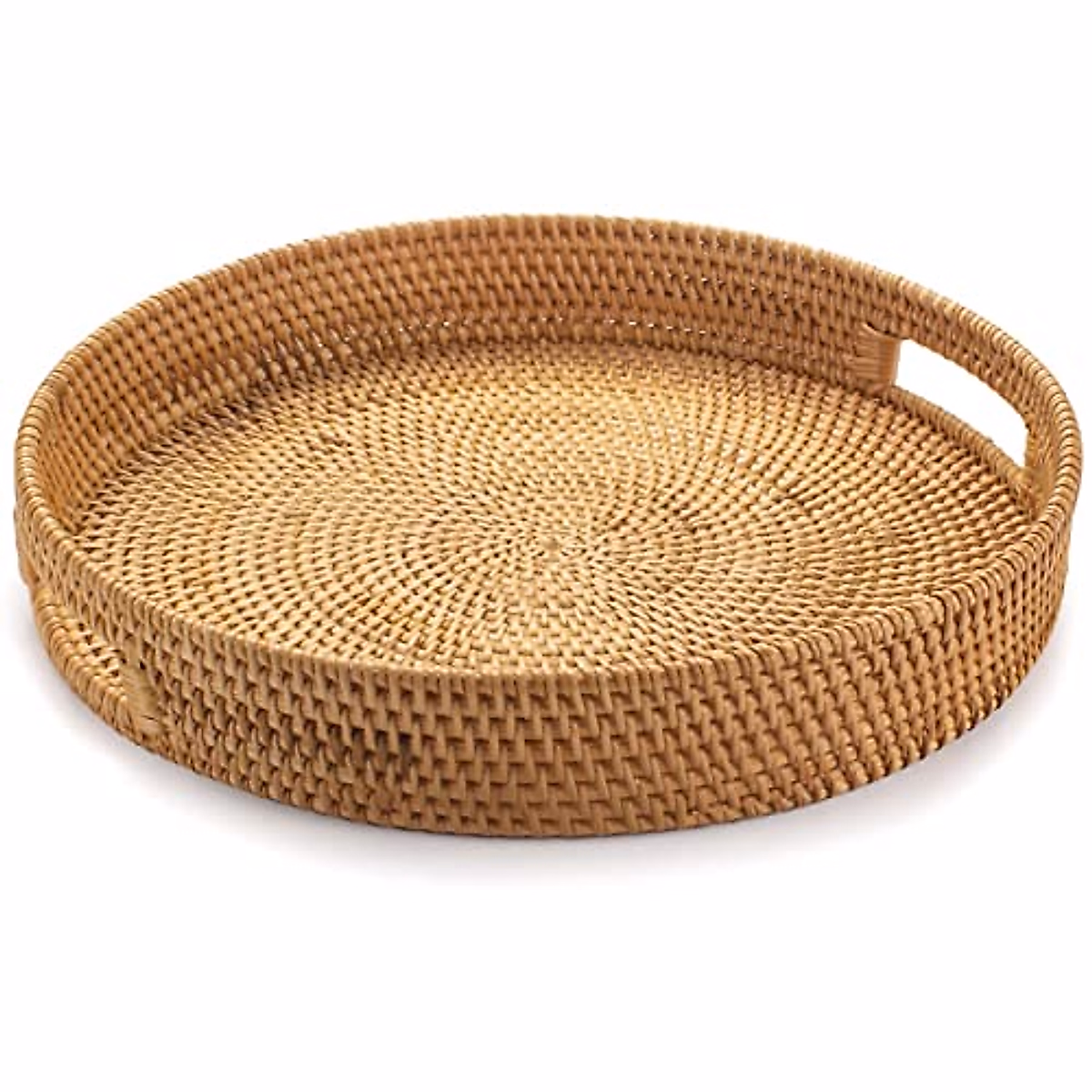 Rattan Round Serving Tray, Hand Woven Serving Basket with Cut - Out Handles, Wicker Fruit/Bread Serving Basket, 14.2 inch