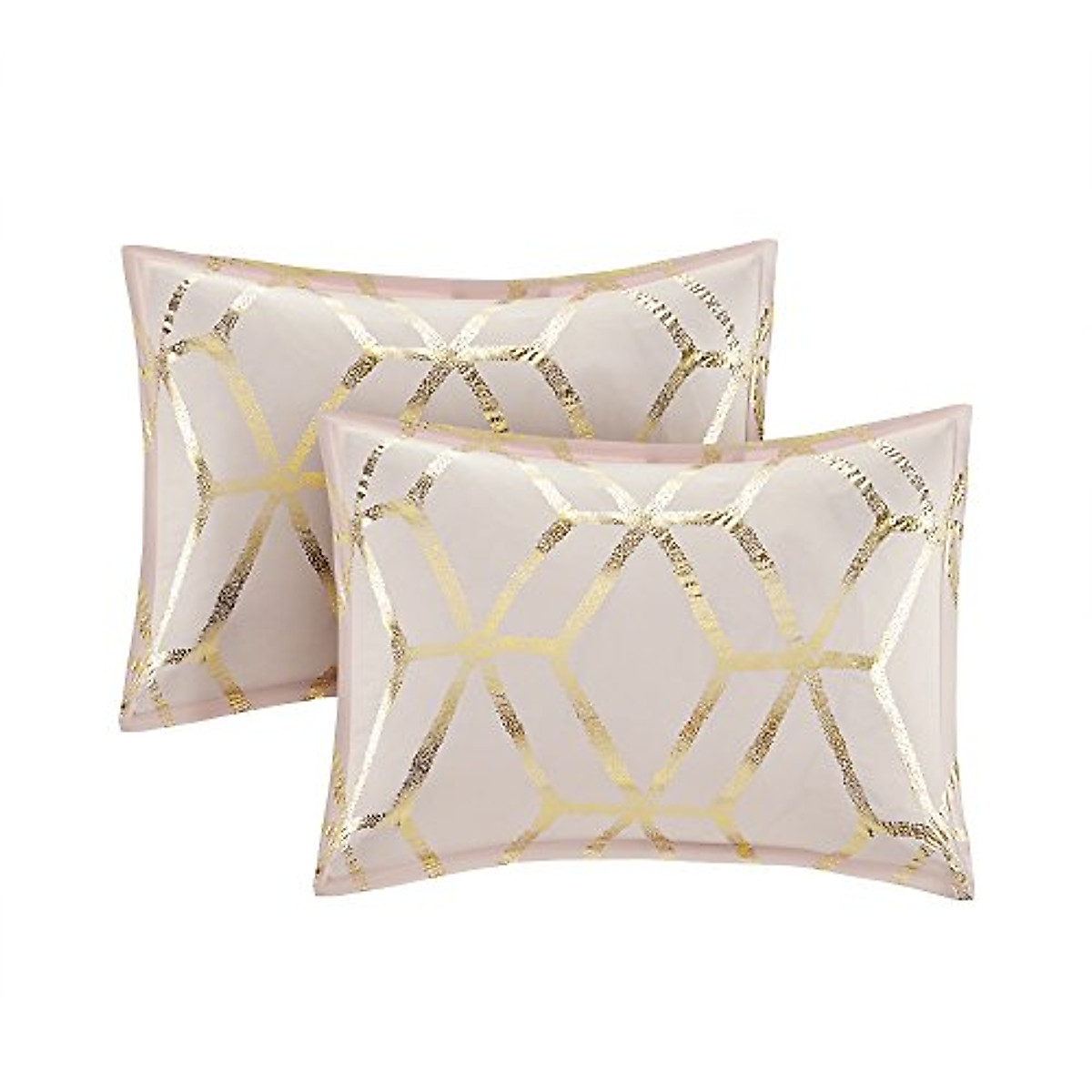 Comfort Spaces Vivian Comforter Set Ultra Soft All Season Lightweight Modern Geometric Glam Metallic Print Bedding, Matching Sham, Decorative Pillow, Full/Queen, Geometric Blush/Gold
