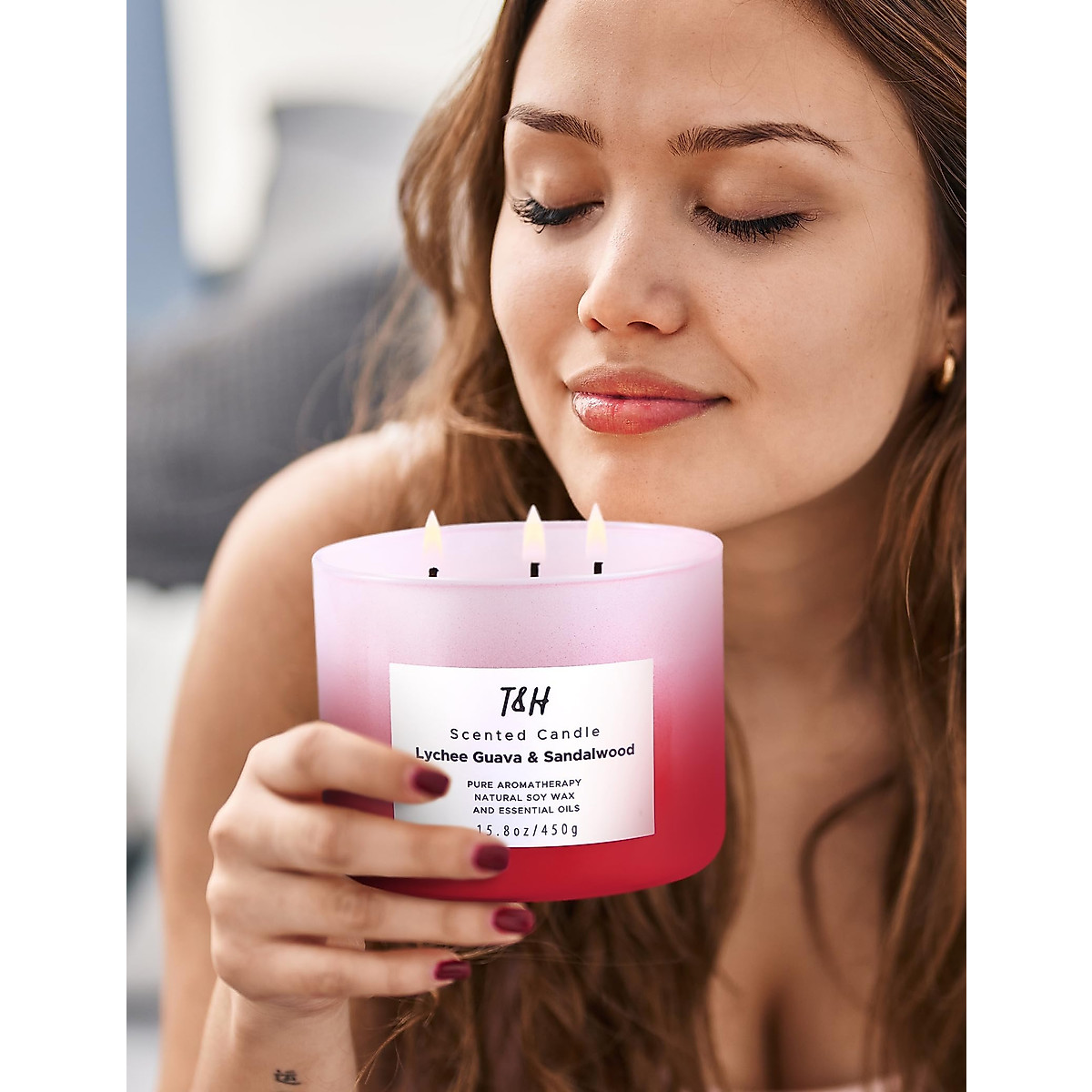 Lychee Guava Sandalwood Candle | Large 3-Wick Highly Scented Candle for Home | Natural Soy Candle 15.8 oz | Sweet & Refreshing Luxury Fragrance Candle | Relaxing Aromatherapy Candle for Women & Men