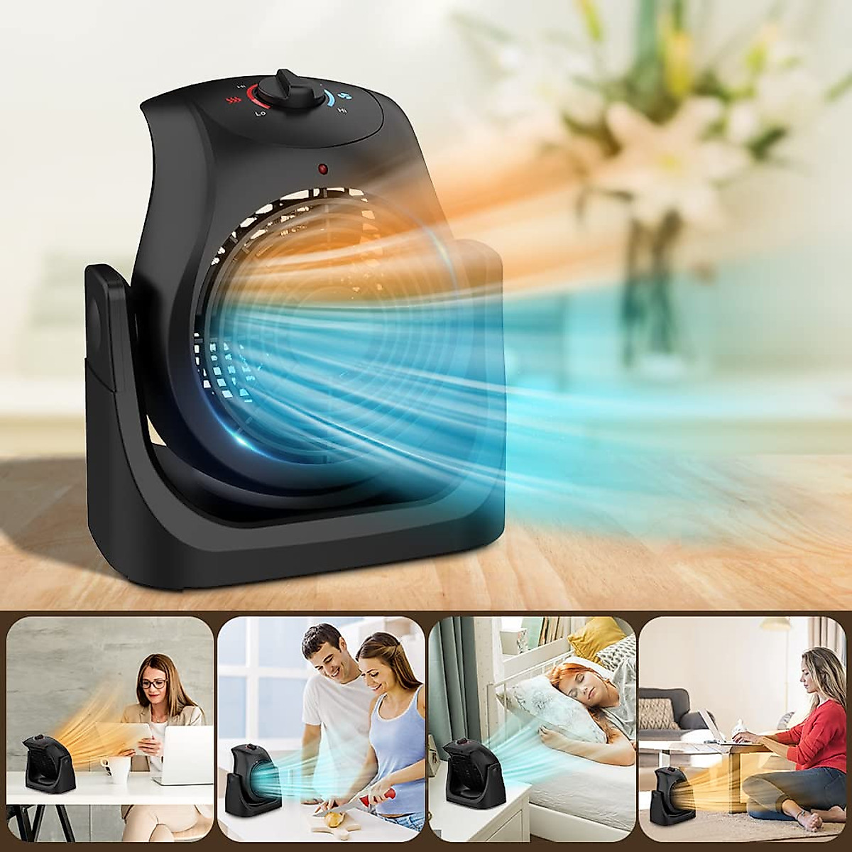 LifePlus 2 in 1 Heater Fan Combo, Portable Cooling Desk Fan, Air Circulator Fan 45° Tilt, 2 Wind Speeds, 1500W Overheat Protection Personal Small Floor for Home Office Black