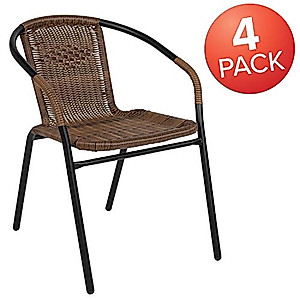 Flash Furniture 4 Pack Medium Brown Rattan Indoor-Outdoor Restaurant Stack Chair