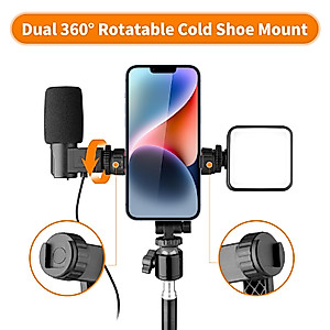 TARION Tripod Phone Mount Holder with 3 Cold Shoe Mount Cell Phone Mount Adapter for Tripod 360° Rotation Universal 1/4" Screw Smartphone Tripod Attachment Compatible with iPhone Samsung HVC-02
