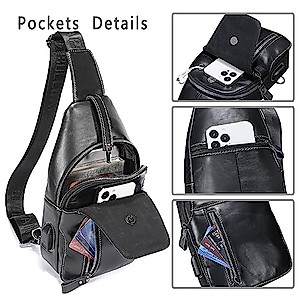 BULLCAPTAIN Genuine Leather Sling Bag Mens Crossbody Backpack for Hiking Casual Daypack Shoulder Chest Bag with USB Charging Port (Black)