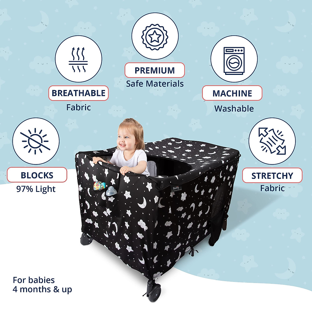Bebey Pack n Play Blackout Cover - Blocks 97% of Light, Breathable and Stretchy Fabric with 1 Side Pocket, 3 Quick-Access Windows with Zippers - Blocks Light, Easy to Install, Portable, and Anti-climb