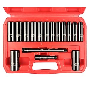WETT 3/8-Inch Drive Deep Impact Socket Set, 16 Piece Metric Socket Set, 6 Point, Cr-V Steel, 7-22mm Sockets with 3", 6" Extension Bar