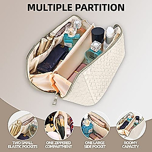 Travel Makeup Bag Large Capacity Travel Cosmetic Bags for Women Waterproof Lay Flat Leather Makeup Bag with Divider and Handle Makeup Organizer Bags Travelling Cosmetic Pouch Skincare Bag,White