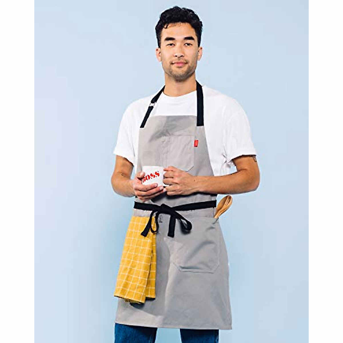 Caldo Daily Cotton Kitchen Apron for Cooking- Mens and Womens Professional Chef or Server Bib Apron - Adjustable Straps with Pockets and Towel Loop (Grey)