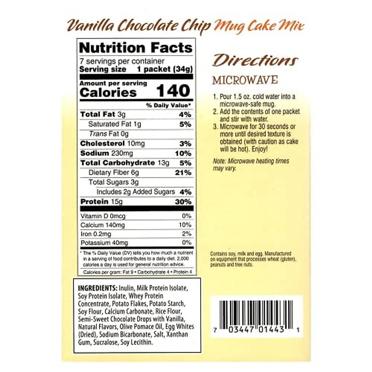 Nutmeg State Nutrition - High Protein Mug Cake Mix, 15g Protein, Low Calorie, Low Net Carbs, Low Fat, High Fiber, Gluten Free, Ideal Protein Compatible, 7 Servings Per Box (Vanilla Chocolate Chip)