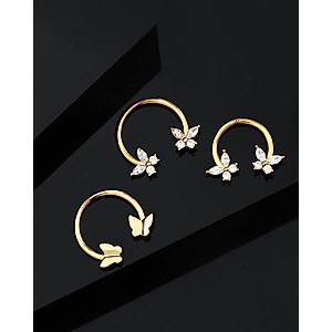 Jewseen 14K Solid Gold Cartilage Earring Hoop CZ Septum Ring 16g Daith Piercing Jewelry Butterfly Helix Piercing Jewelry for Women Men