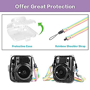 MOSISO Protective Case Compatible with Fujifilm Instax Mini 11 Instant Camera, Sparkly Glitter Hard Shell Camera Case Cover with Adjustable Rainbow Shoulder Strap, Clear