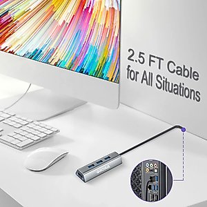 GRORA 4-Port USB Hub, Aluminum Alloy Data USB 3.0 hub with 2.5 ft Extended Cable and USB Adapter, Suitable for Mac Pro, iMac, PC, MacBook, laptops, iPad, PS4/5, Mobile HDD, Flash Drive, and More