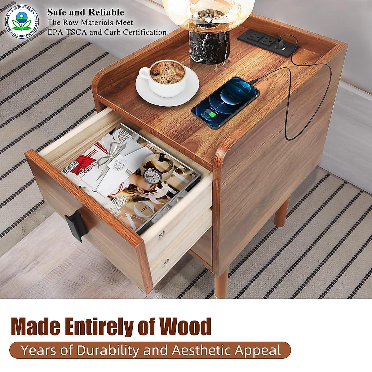 Narrow Nightstand with Drawers and Charging Station - 12" W×15" D×20" H Narrow Wood Nightstand with Drawers, Mid Century Modern Slim Side Table, Narrow Nightstand for Small Spaces, Dark Walnut