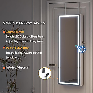 LVSOMT LED Mirror Jewelry Cabinet, Wall/Door Mount Jewelry Organizer Armoire with Lights, Full Length Mirror with Jewelry Storage, Over the Door Hanging Jewelry Cabinet (White)