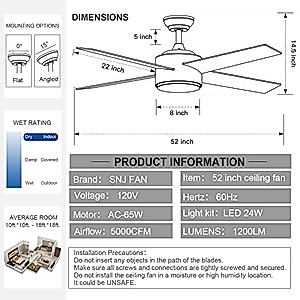 SNJ 52 inch Black Ceiling Fans with Lights and Remote, Low Profile, Modern, Ceiling Fan, Bedroom, Indoor, Outdoor, Home, Fandelier, LED, Dimmable, Tri-Color Temperature, Quiet Reversible, 1084…