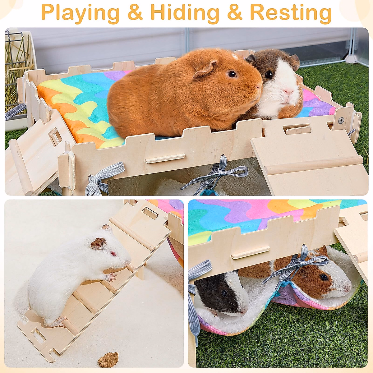 Guinea Pig Hideout with Hammock, Soft Guinea Pig Hammock Wooden Guinea Pig House with Stairs Large Guinea Pig Toys fit Guinea Pig Cages Durable Guinea Pig Accessories for Small Animals