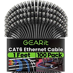 GearIT Cat 6 Ethernet Cable (100-Pack 1 Foot) Cat6 Network Patch, 10Gbps, RJ45, Snagless Cord, Gold-Plated Connectors, Internet for PC, TV, Tablet, Router, Printer, Servers, IT Data Center - Black