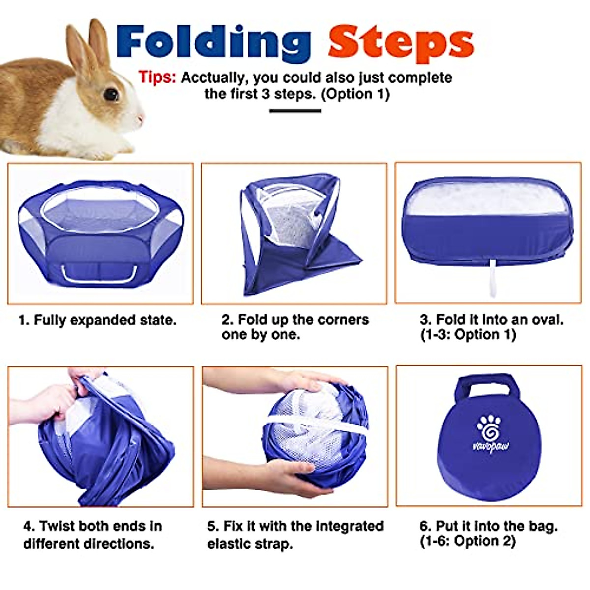 VavoPaw Small Animals Playpen, Breathable Pet Cage Tent with Double-Opening Zipper, Portable Outdoor Exercise Yard Fence for Hedgehog Hamster Kitten Bunny Squirrel Guinea Pig, Indigo
