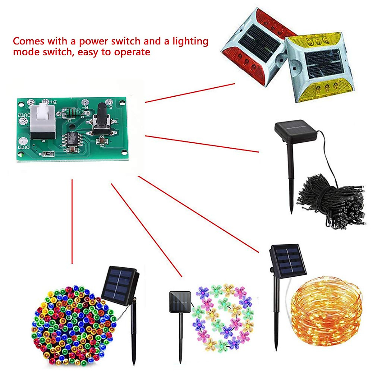 2Pcs Solar Lamp String Controller Module, Solar Lamp Controller Circuit Board with 8 Kinds Light Mode and Switch 1.2V 100mA