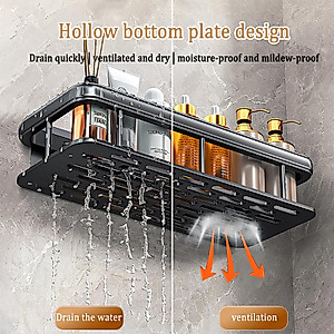 EVALAND Aluminum Shower Caddy, Adhesive Shower Shelves, 2-Pack With Hooks and Rod for Towels, No Drill Wall Mount Rustproof Premium Organizer for Bathroom, Kitchen, Black