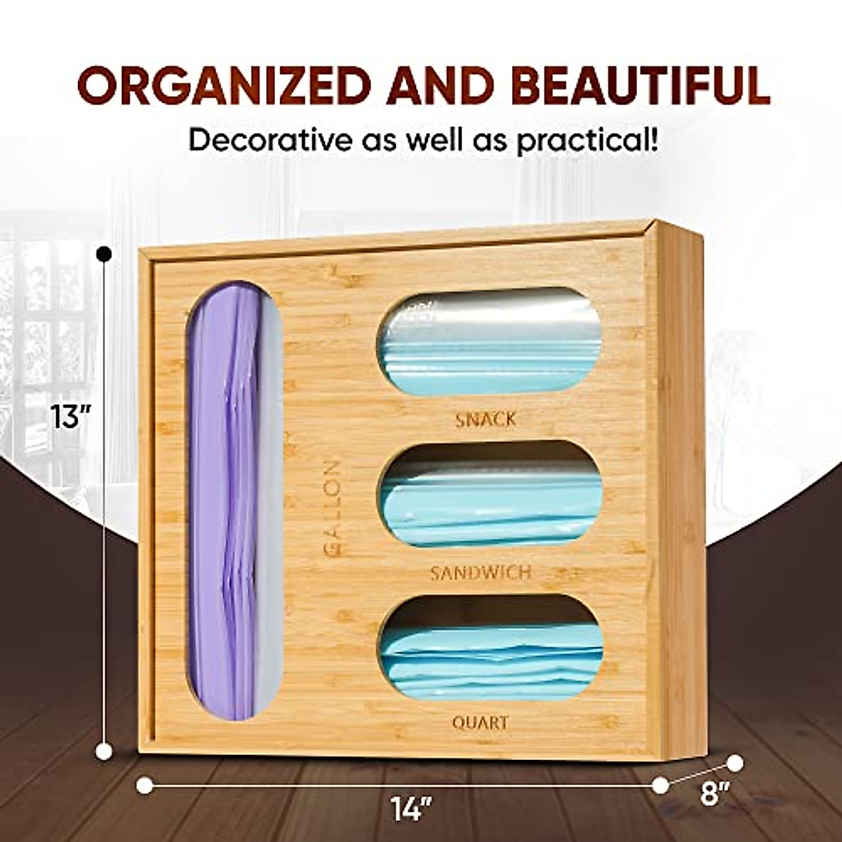 HidzBasics Ziplock Bag Organizer – Bamboo Ziplock Bag Storage Organizer for Gallon, Quart, Sandwich, and Snack Size Food Bags – Baggie Organizer for Kitchen Drawer and Pantry – Wooden Slider Lid