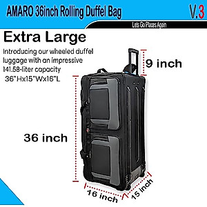 Amaro 120L Large Wheeled Rolling Duffel Bag, Duffel Bag With Wheels, Camping Luggage Bag, Black/Grey, 36 inch