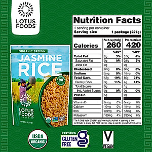 Lotus Foods Organic Brown Jasmine Rice Heat & Eat Pouch - Jasmine Rice, Gluten Free Brown Rice, Organic Rice, Instant Microwave Pre Cooked Rice, USDA Organic - 8 Oz Pouches (Pack of 6)