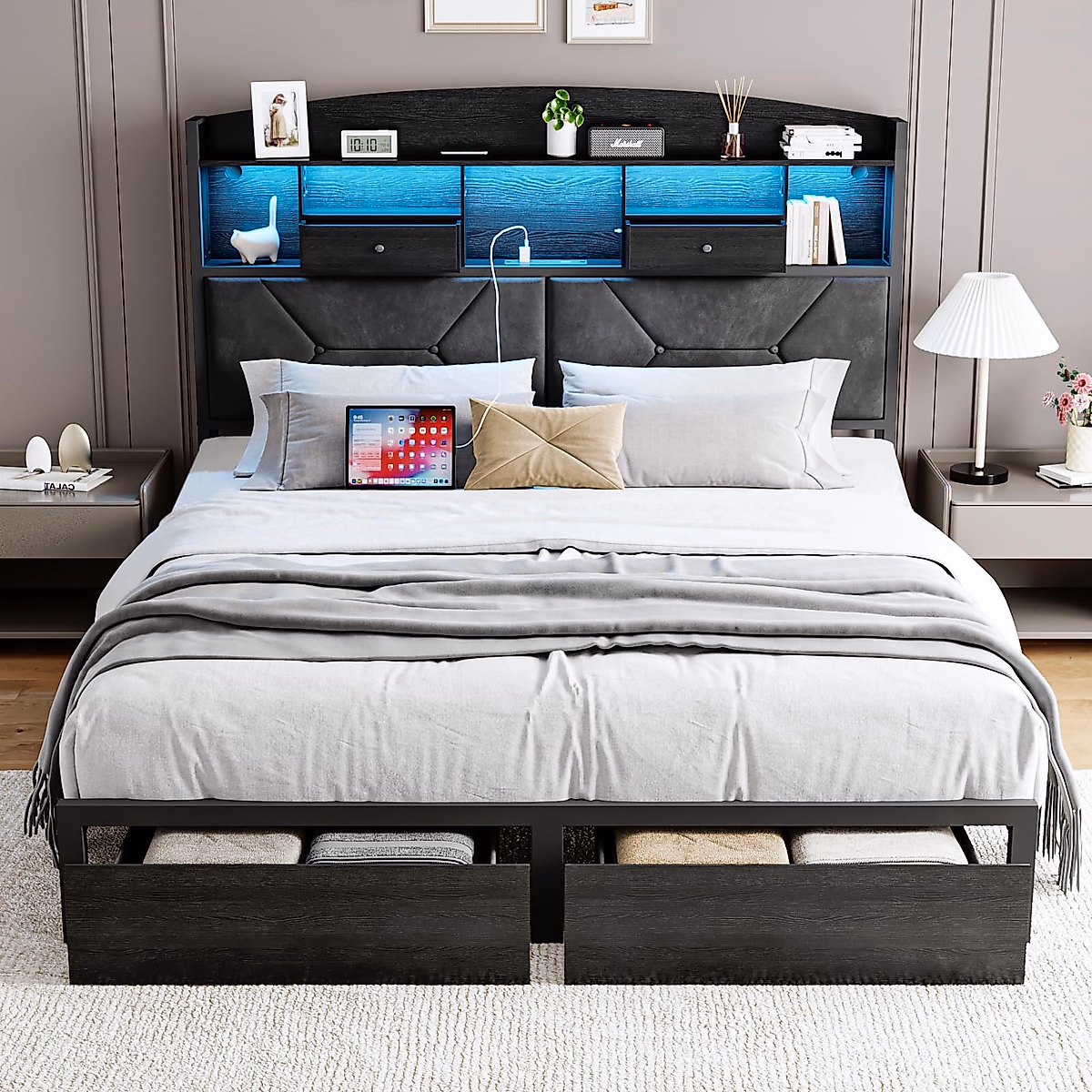 DOGIBIXO Full Size Black Bed Frame with 4 Drawers, Upholstered Velvet Platform Bed Frames with Led Lights, Button Tufted Headboard, Wooden Slats Support, No Box Spring Needed, Black