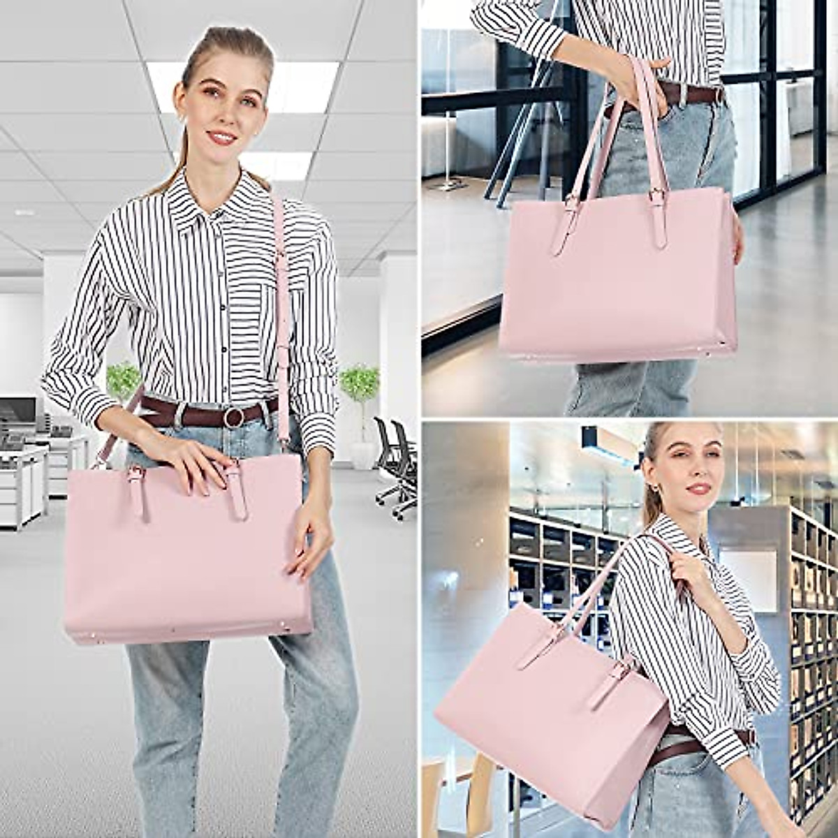 LOVEVOOK Laptop Bag for Women, Fashion Computer Tote Bag Large Capacity Handbag, Leather Shoulder Bag Purse Set, Professional Business Work Briefcase for Office Lady, 2PCs, 15.6-Inch, Light Pink