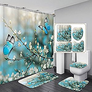 4 Piece Set Butterfly Shower Curtain Turquoise Animal Bathroom Decor Teal Butterflies on Flower Tree Branch Polyester Fabric Bathtub Sets with Toilet Lid Cover Anti-Slip Mat Shower Rugs