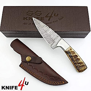 Knife4U Damascus Hunting Knife With Sheath|8"Best Camping,Hiking,Tactical,Survival Knife For Men|EDC Bushcraft Accessories Tool|Sharp Blade With Natural Handle And Knife Display Box (Rams Horn)