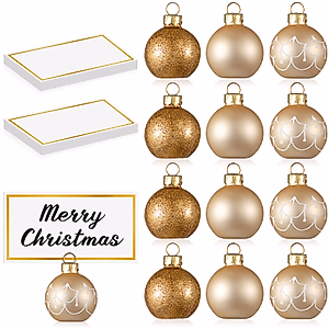 Civaner 12 Pcs Christmas Ornament Place Card Holders and 18 Pcs Name Cards Set Gold Glass Ball Table Number Holder Table Sign Card Holder for Xmas Winter Wedding Anniversary Birthday Party,1.6 Inch