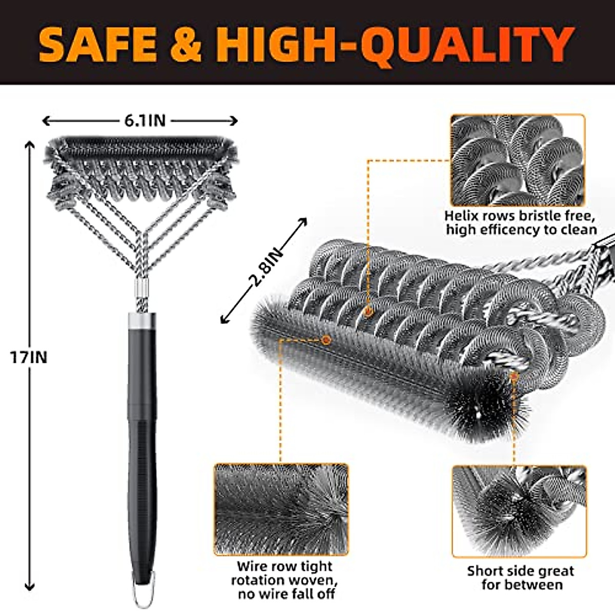 Grill Brush for Outdoor Grill, Bristle Free & Wire Combined BBQ Brush for Grill Cleaning Including Grill Scraper, Safe 17" Stainless Steel BBQ Accessories Grill Cleaner Brush, Awesome Gifts for Men