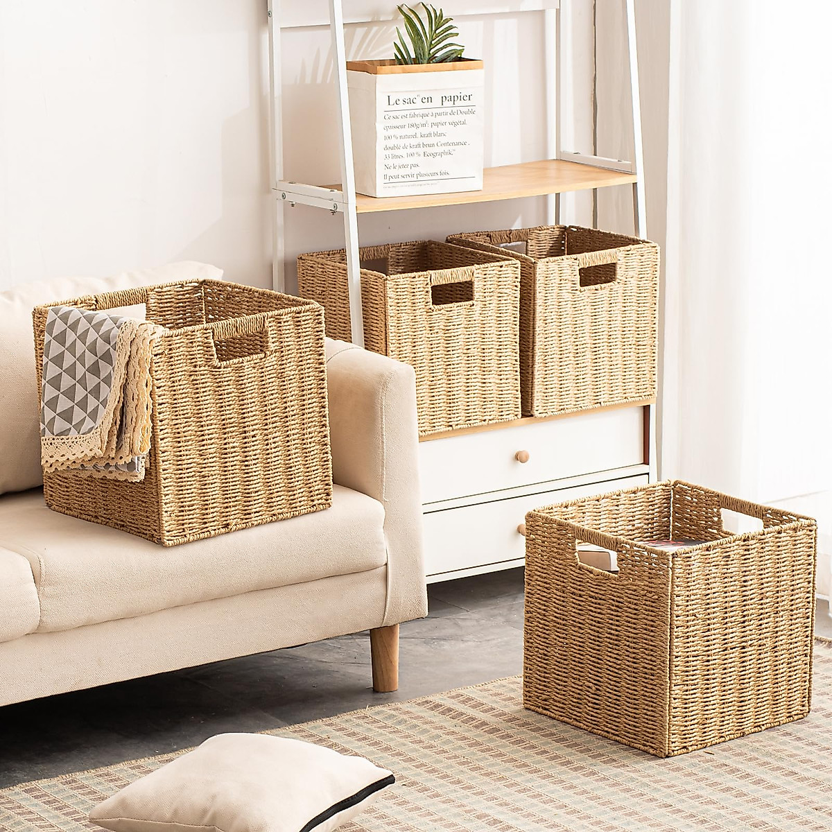 Foldable Storage Baskets with Handles Paper Rope Storage Baskets Rectangle Collapsible Hand Woven Storage Cubes Bins for Organizing Shelves Living Room Bedroom Pantry (4, 13'' x 13'' x 13'')