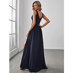 Ever-Pretty Women's Deep V-Neck Long High Elastic Knit Long Plain Evening Dresses Bridesmaid Dress Navy Blue US8
