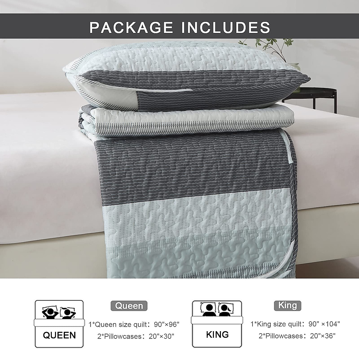 Mybedsoul Queen Quilt Set (96x90 Inch) - 3-Piece Mint Green Patchwork Bedspread Coverlet Set with 1 Striped Quilt and 2 Pillowcases - Soft Microfiber Stitched Bedding for Luxurious Comfort