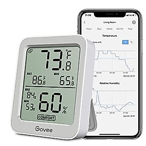 Govee Bluetooth Digital Hygrometer Indoor Thermometer, Room Humidity and Temperature Sensor Gauge with Remote App Monitoring, Large LCD Display, Notification Alerts, 2 Years Data Storage Export, Grey