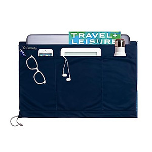 Serenity Organizers AirplaneTravel Tray Organizer, Lightweight and Compact, 4 Storage Pockets, Reusable, Washable Fabric, Converts to Drawstring Tote, Elastic back for most airplanes, Indigo Blue