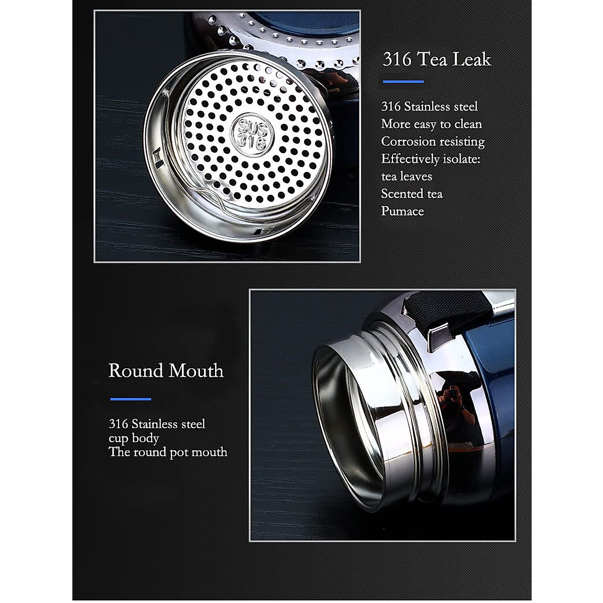 34 OZ Vacuum Thermal Water Bottle, Reusable Double Walled Thermos Mug, Insulated Stainless Steel Sports Water Bottle, Coffee thermos and Tea Infuser Bottle Can Keep Heat and Cold (Blue)