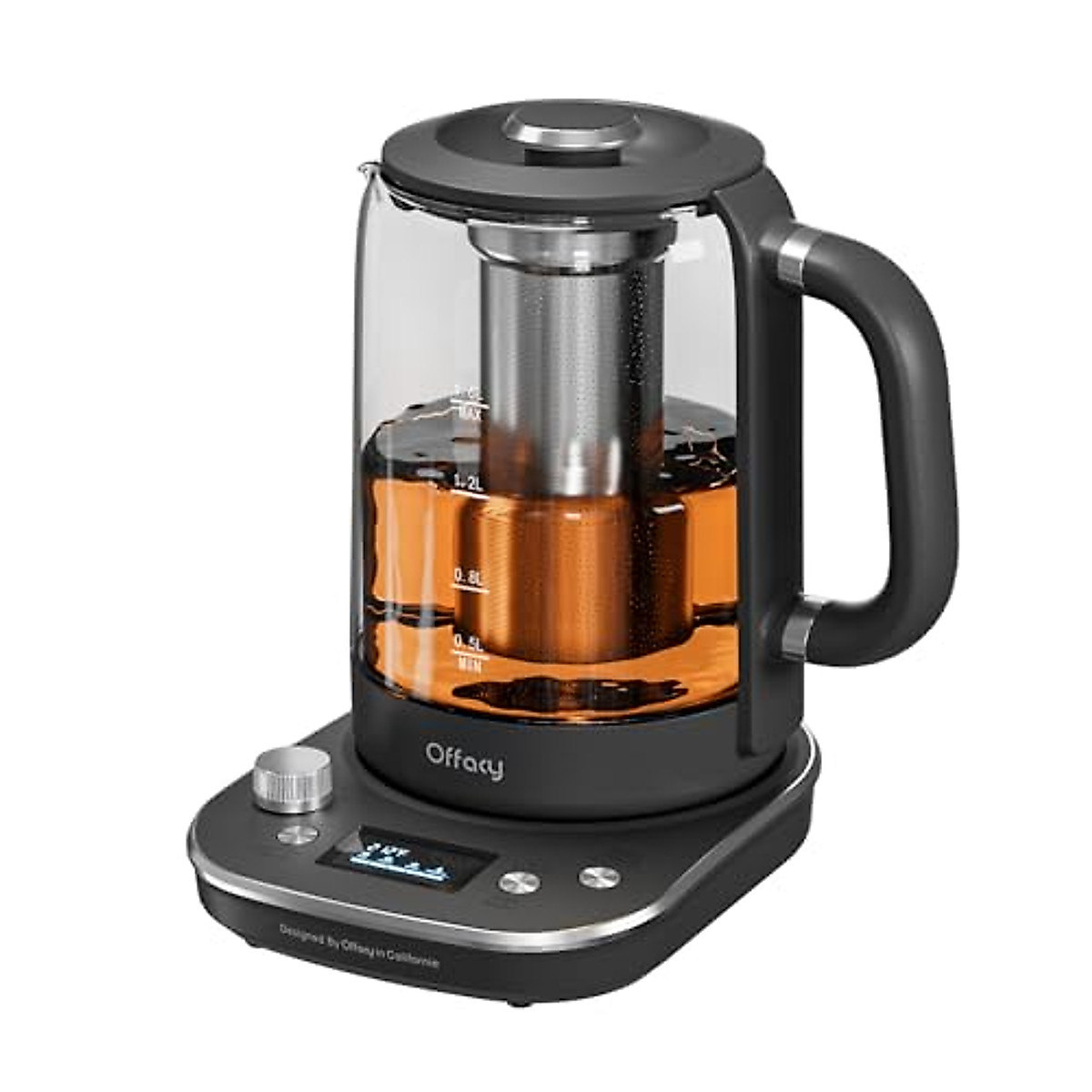 Offacy Electric Tea Kettle, 1.6L 1200W Fast Heating 9 Smart Presets with Removable Infuser Temperature Control 2H Keep Warm, BPA-Free Glass Teapot for Coffee, Boil-dry Protect, Easy to Clean, Black
