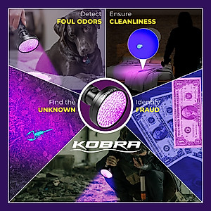 Kobra Black Light Flashlight 100 LED Lamp and Blacklight for Home & Hotel Inspection, Pet Urine & Stains - Ultra Intensity 18W 385-395nm LEDs Spot Counterfeit Money, Leaks, Scorpions (100 LED) (Black)