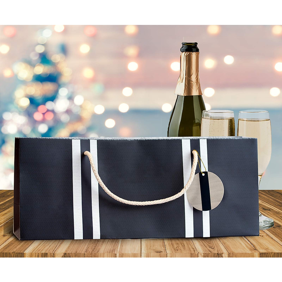 Simply Charmed Wine Bags Navy Nautical Themed Purse Style Paper Bag with Rope Handles Set of 6