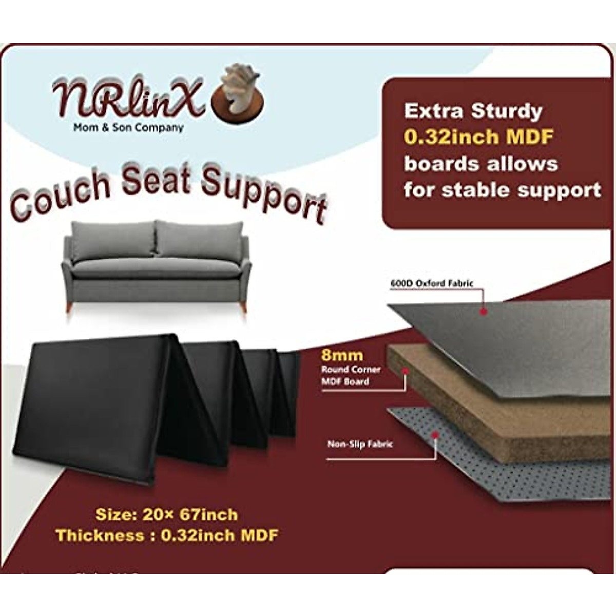 NRlinX™ Sofa Cushion Support Board Extra Long Dimension Prevent Sagging Sofa & Posture Support & Cushion Seat & Adjustable/Foldable Sofa Support Boards (67X20X0.3 in) Approved for Long Sofa