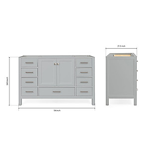 ARIEL 54" Grey Bathroom Vanity Base Cabinet, Single Sink Configuration, 2 Soft Closing Doors, 9 Full Extension Dovetail Drawers, Brushed Nickel