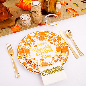 supernal 175pcs Thanksgiving Plastic Dinnerware Set,Gold Plastic Plates with Gold Plastic Silverware,Gold Thanksgiving Plastic Cups,Pumpkin and Maple Leaf Design for Thanksgiving Day Party