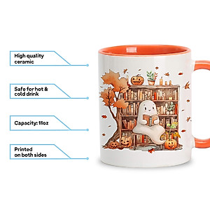 Hyturtle Fall Halloween Coffee Mug - Cute Ghost Reading Book Mug - Maple Leaves Spooky Pumpkin Gifts For Men Women On Halloween Birthday Christmas - 11oz Two Tone Orange/White Ceramic Coffee Tea Cup