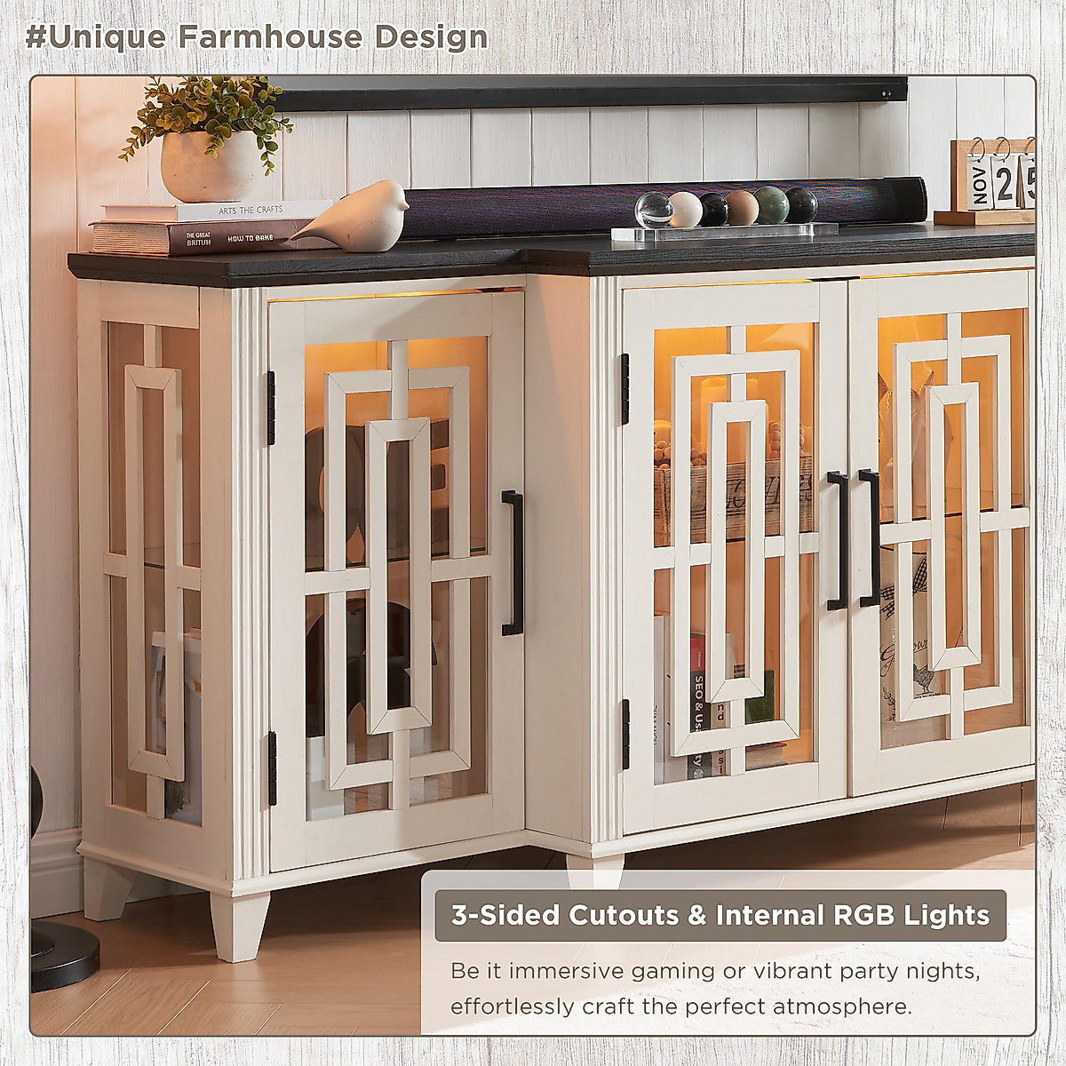 JXQTLINGMU Ultra Large 70 inch TV Stand for 80 Inch TV, LED Media Console with 3-Sides Hollow Out Glass Doors, Farmhouse Entertainment Center with Storage for Living Room, Bedroom, White