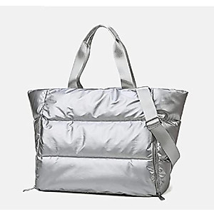Puffer Tote Bag,Women Large Designer Handbags, Winter Soft Puffer Shoulder Bag Women Yoga Fitness Bag Travel Bag (Silver)