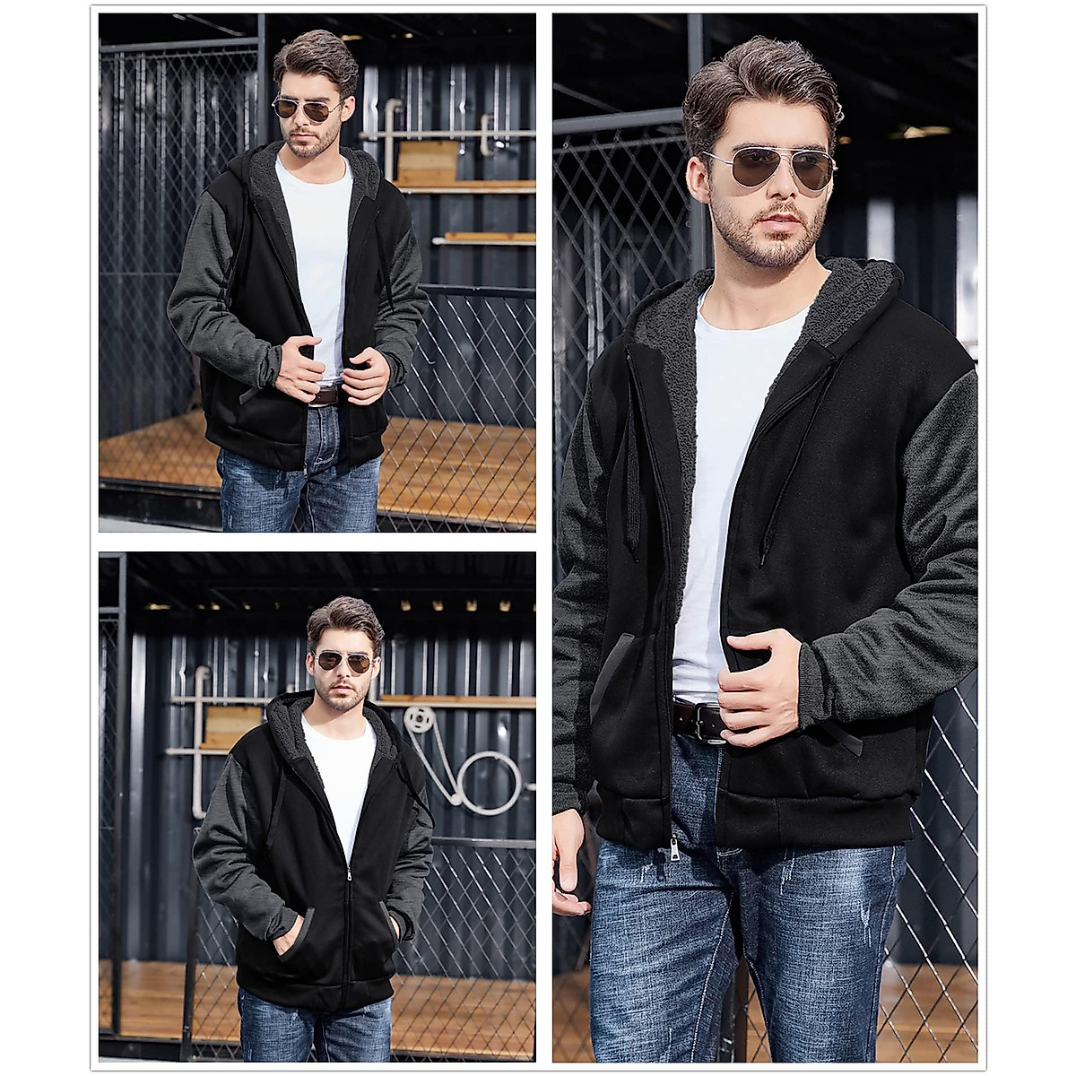 Little Beauty Mens Zip Up Hoodie Thick Fleece Lined Winter Heavyweight Hoodie Black Light Grey
