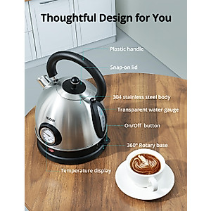 Retro Electric Water Kettle 1.8L Stainless Steel for Boiling Water with Temperature Gauge, Visible Water Level Line, Led Light, Auto Shut-Off & Boil-Dry Protection, 1500W Fast Heating