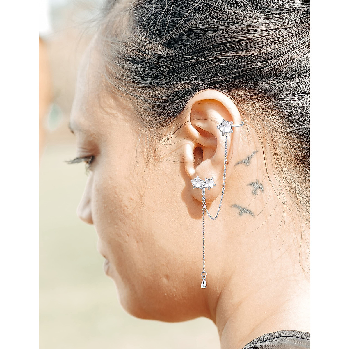 Tornito 6Pcs Cuff Earring Chain Leaf Snowflake Star Butterfly with CZ Crawler Climber Earring Studs Drop Dangling Chain Wrap Tassel Earring for Women Men 20G Silver Tone